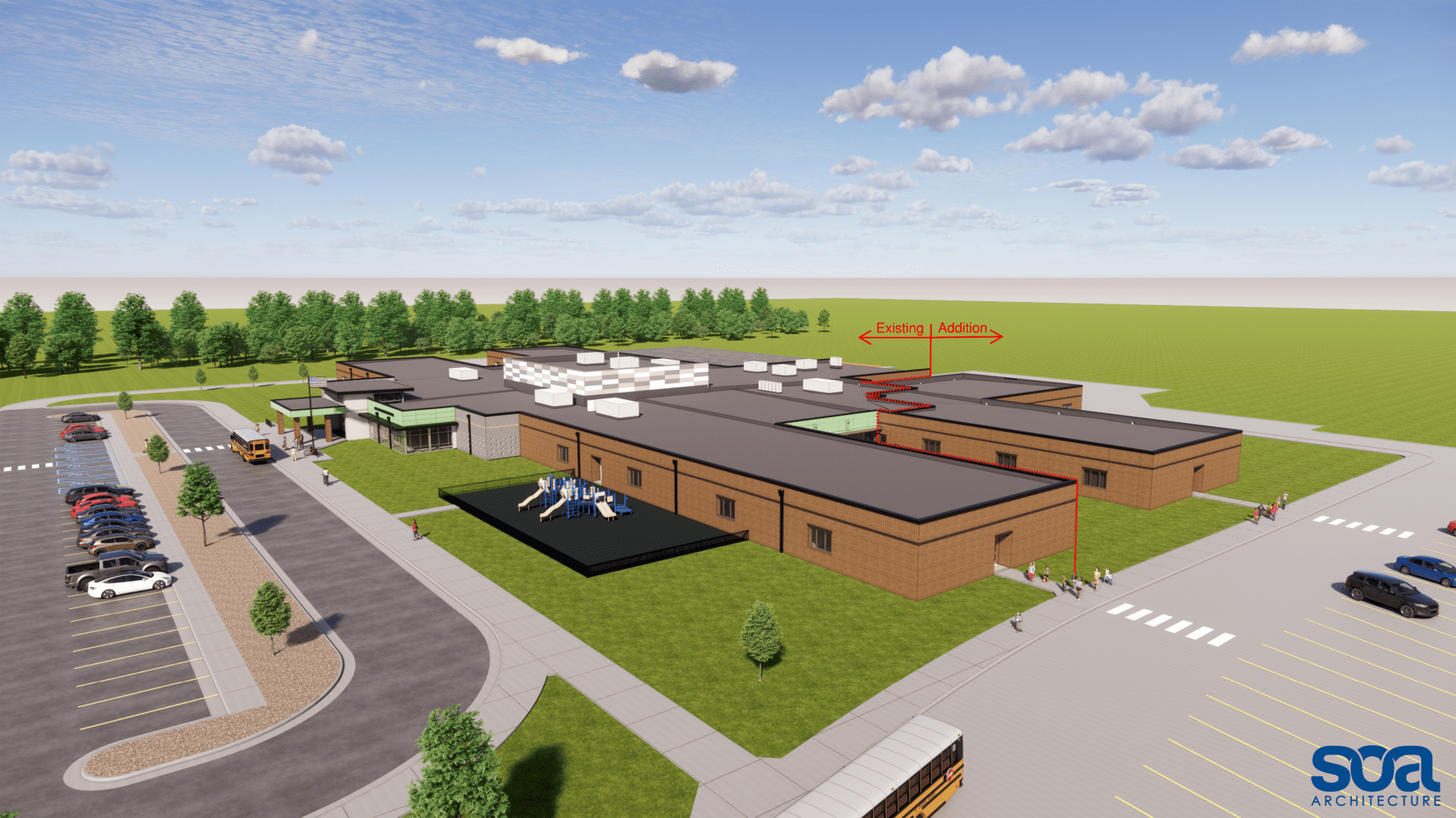 CPS Battle Elementary Addition_3D Aerial View NE | SOA Architecture